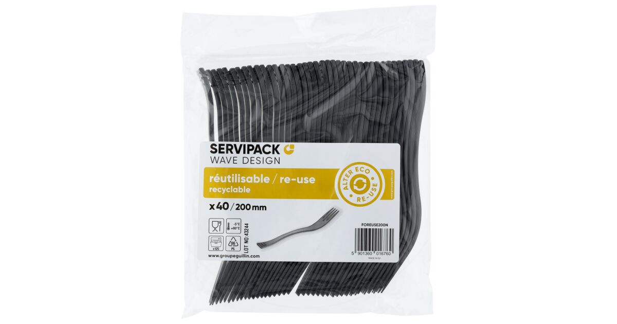 WAVE fekete PS újrafelhasználható villa | 40 db | SERVIPACK | Guillin ...