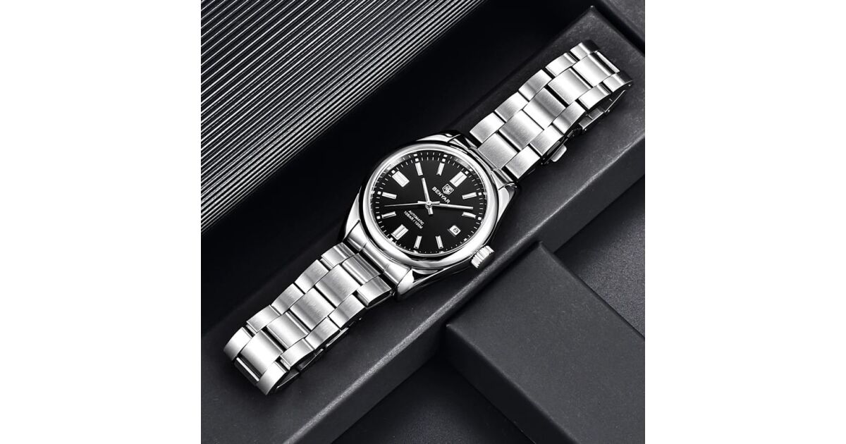 Férfi karóra Benyar mechanikus automata analóg 10 ATM ezüst fekete ...