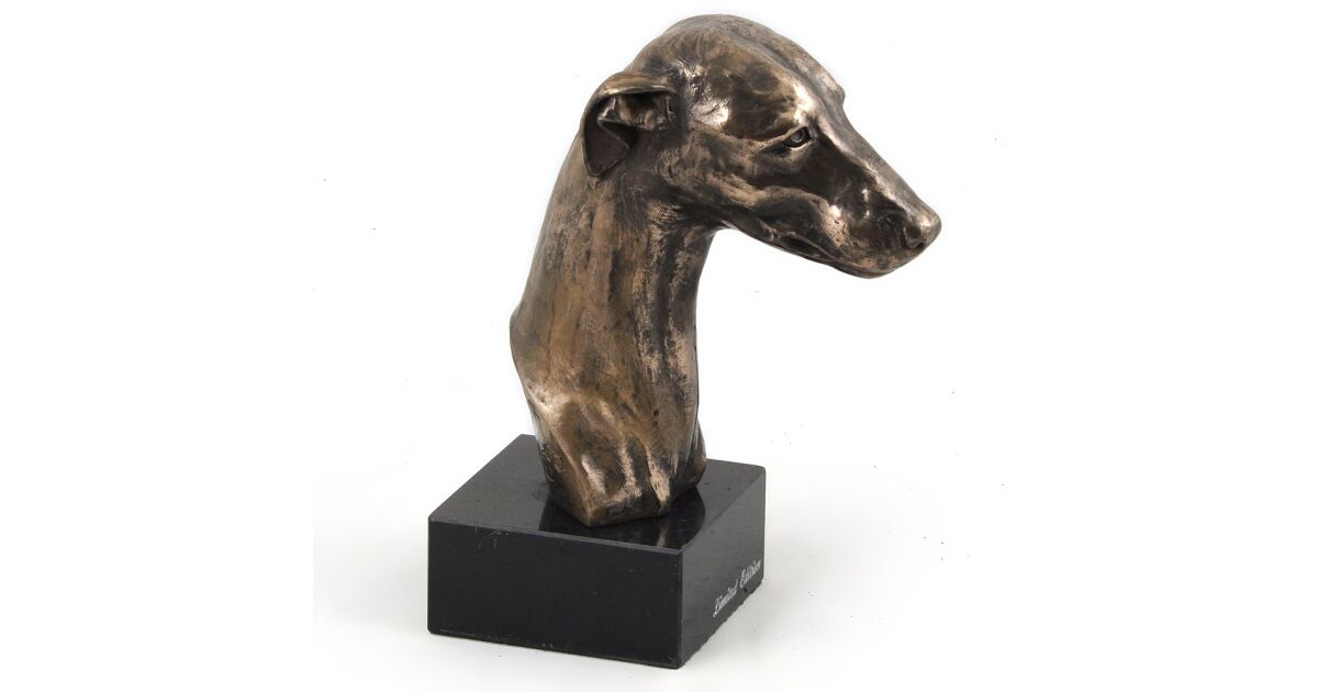 Whippet, angol agár - kutyaszobor, mellszobor kő talapzaton, szobor ...