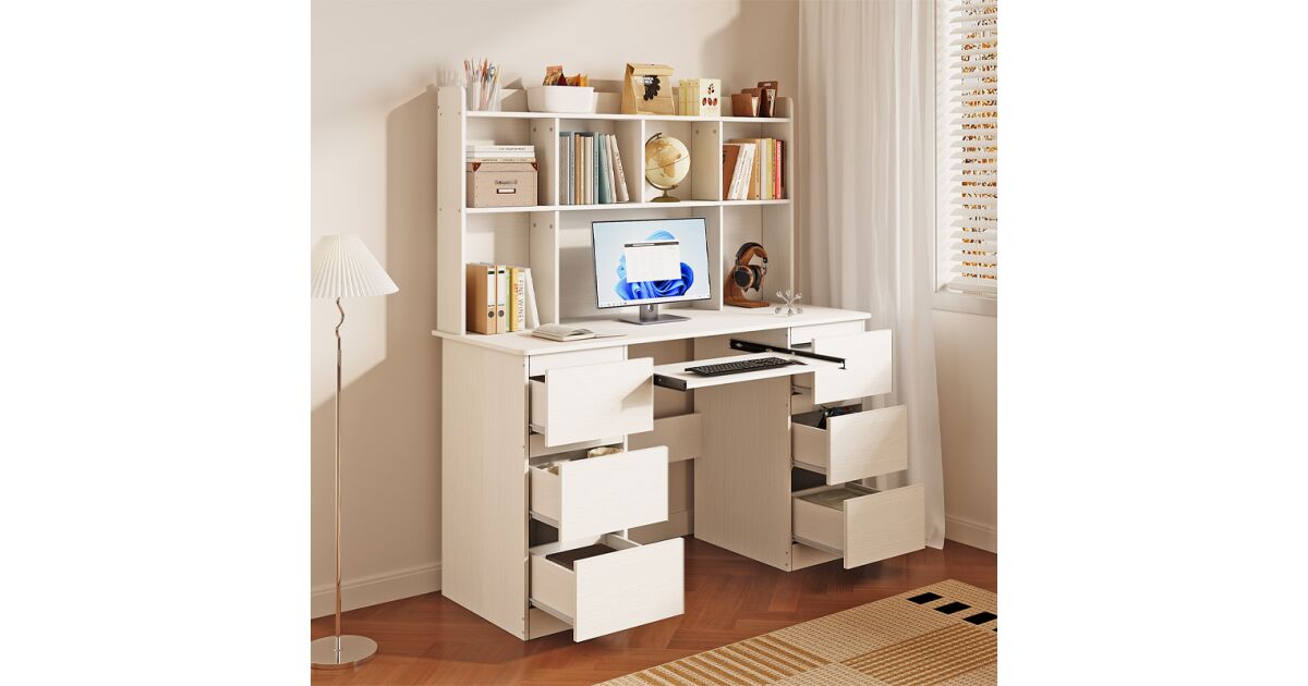 BIROU MODERN CU EXTENSIE ALBĂ, 6 SERTARE, Rafturi, PENTRU BIROU LOFT ...