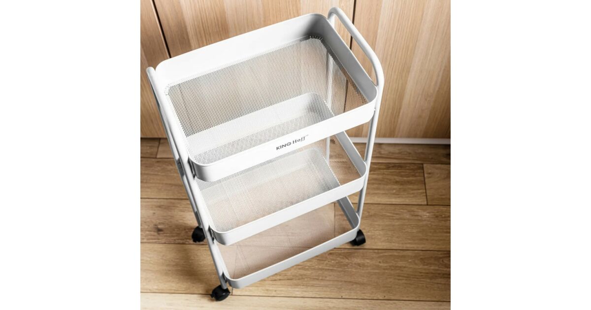 Raft mobil Kinghoff KH 1942, 3 niveluri, 4 roți pivotante la 360 de grade, alb | Pepita.com