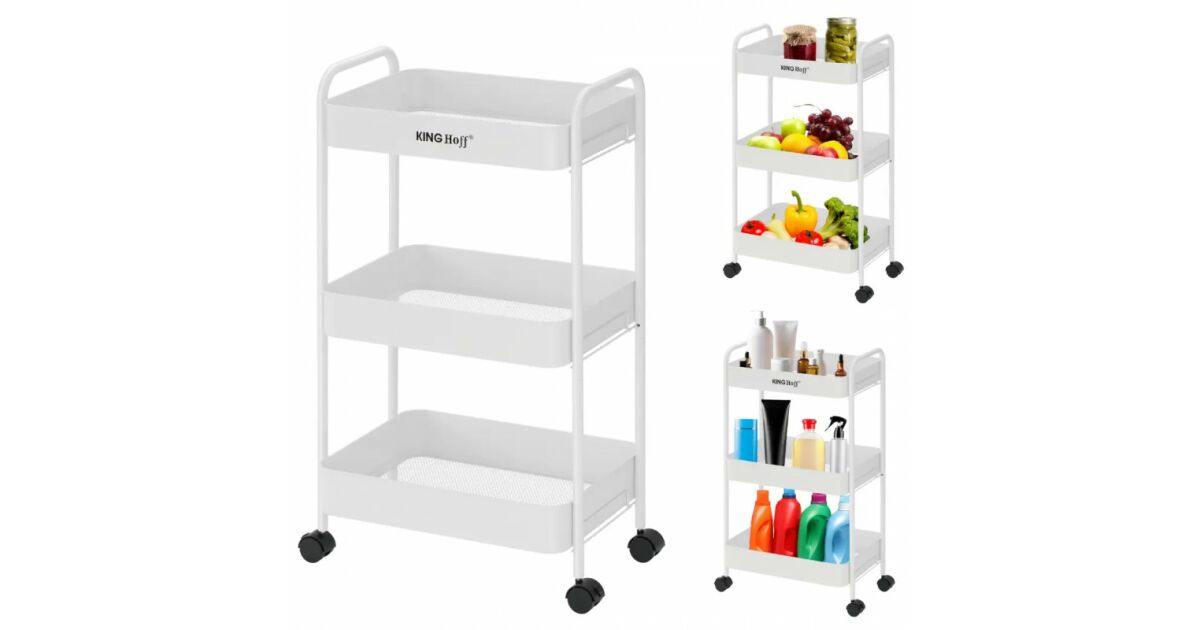 Raft mobil Kinghoff KH 1942, 3 niveluri, 4 roți pivotante la 360 de grade, alb | Pepita.com