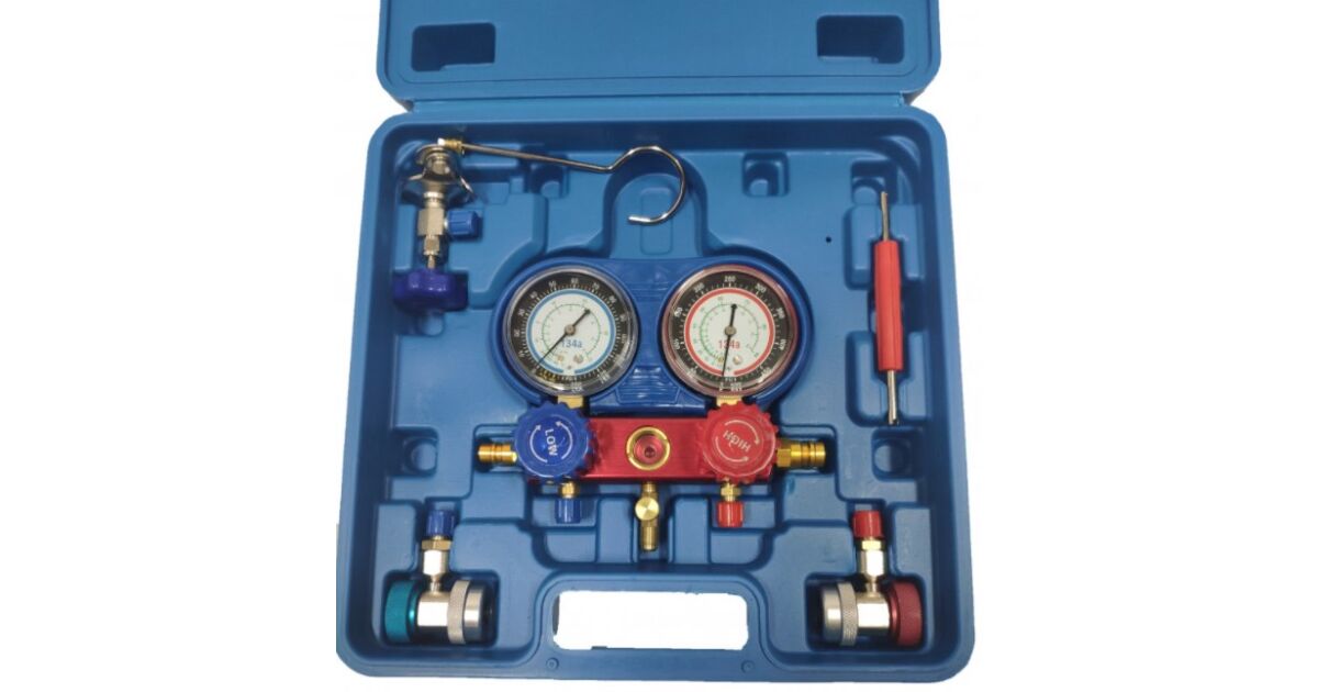 Trusa verificat AC cu 2 manometre 2 Robineti 2 mufe si 3 furtune 90cm ...