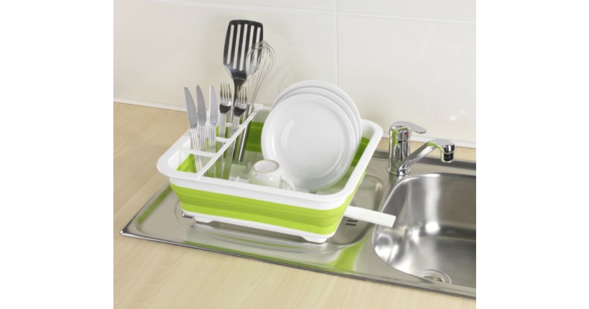 Uscator pliabil VERDE pentru vase si cu suport pentru tacamuri | Pepita.com
