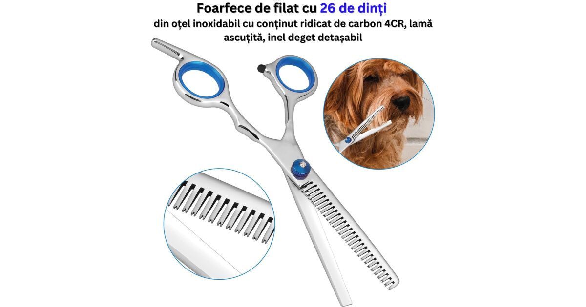 Set 2 foarfece profesionale pentru ingrijirea cainilor, piepten, geanta ...
