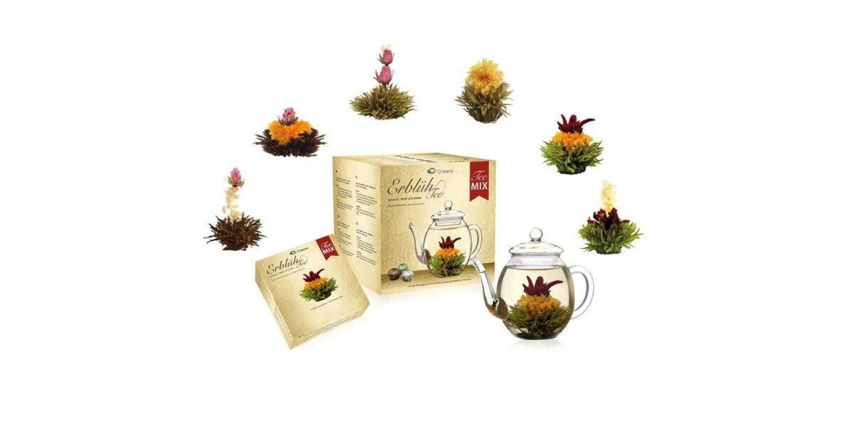 Set cadou ceai infloritor Creano cu ceainic sticla 500 ml, 6 varietati ...