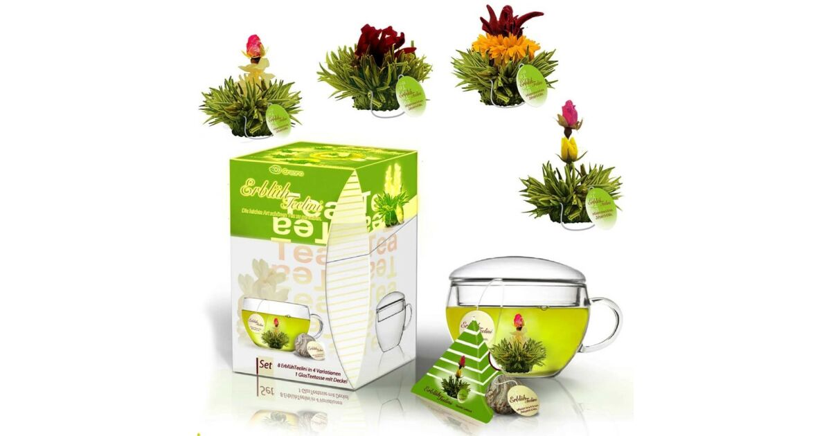 Set cadou ceai infloritor Creano Teelini, cana sticla 200 ml cu capac ...