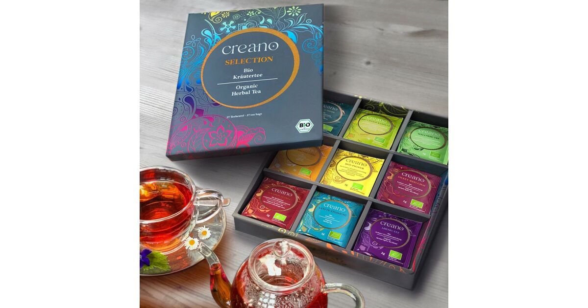 Set cadou ceai bio Creano Organic Herbal Tea, 27 plicuri piramida, 9 ...