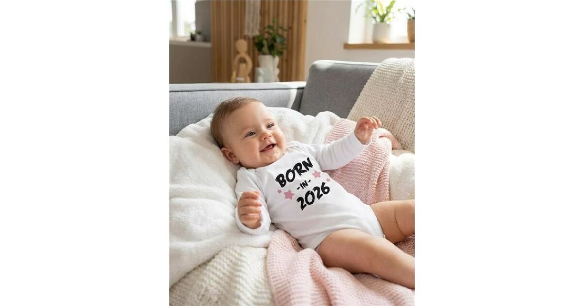 Body pentru copii cu imprimeu New Baby BORN IN 2026 roz | Pepita.com