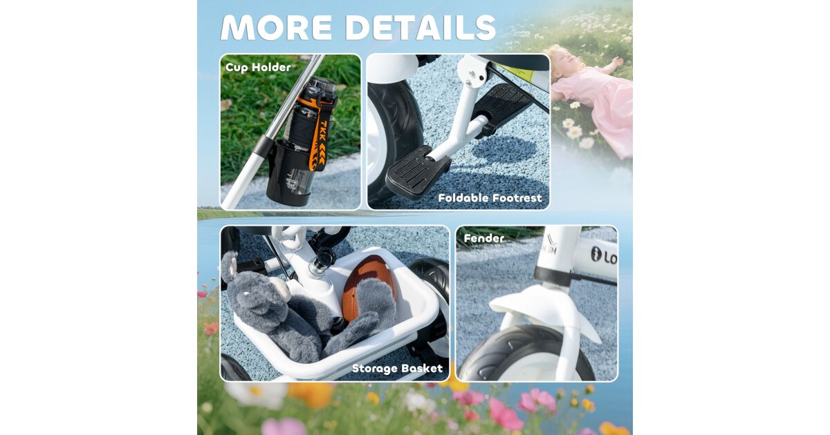 HOMCOM Gyerek Tricikli Tolófogantyúval, Napellenzővel, Biztonsági ...