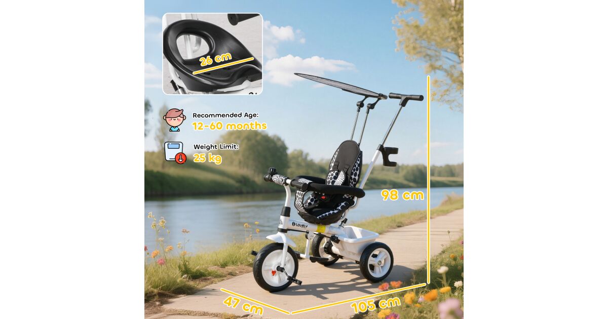 HOMCOM Gyerek Tricikli Tolófogantyúval, Napellenzővel, Biztonsági ...