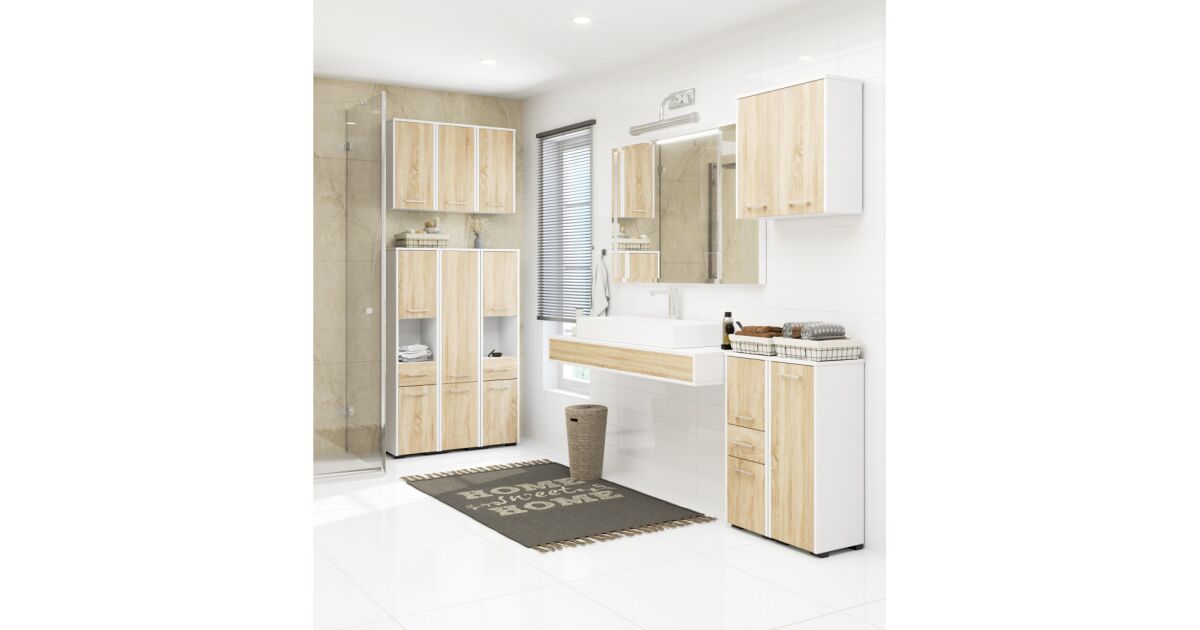 Dulap de baie tip baza, cu 2 usi si sertar, PAL 16 mm, 30x30x85 cm, alb ...