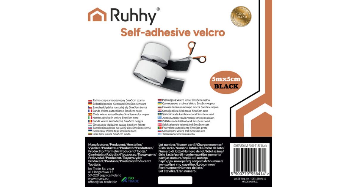Banda Velcro autoadezivă RUHHY, 5m x 5cm, negru | Pepita.com