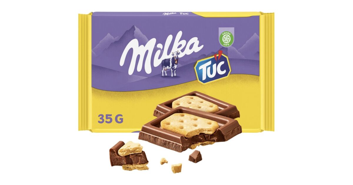 Ciocolată cu lapte Milka din lapte alpin acoperită cu biscuiți sărați ...