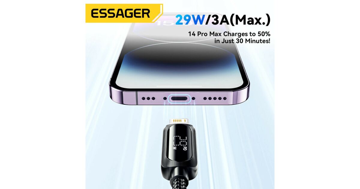 ESSAGER ES-X57 - 3 metri, Type-C la Lightning, cablu USB. Afișaj ...