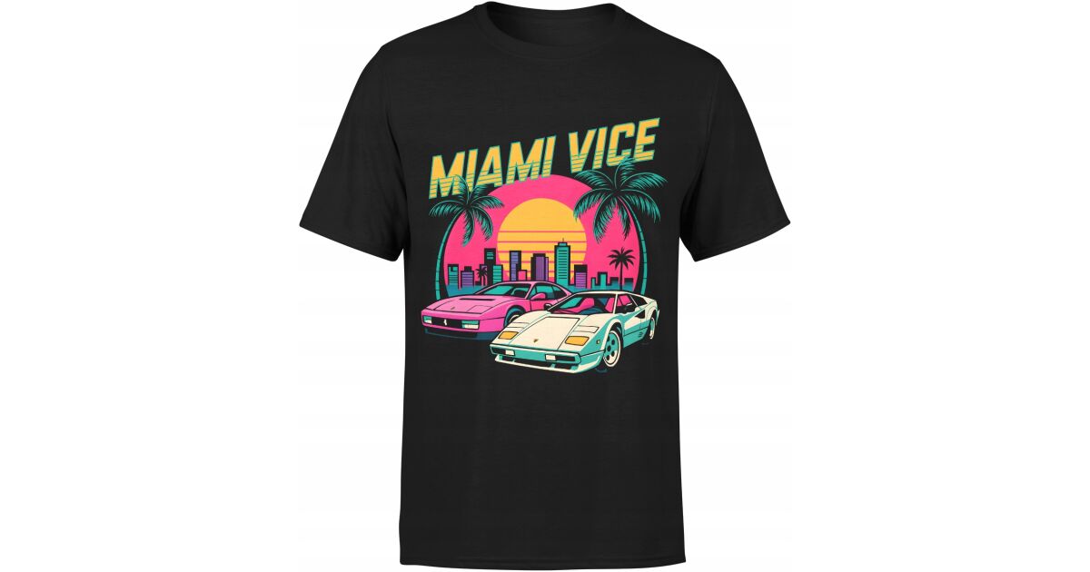 FÉRFI PÓLÓ MIAMI VICE RETRO AUTÓK 80-AS ÉVEK PÁLMAFÁK VINTAGE UTCAI ...