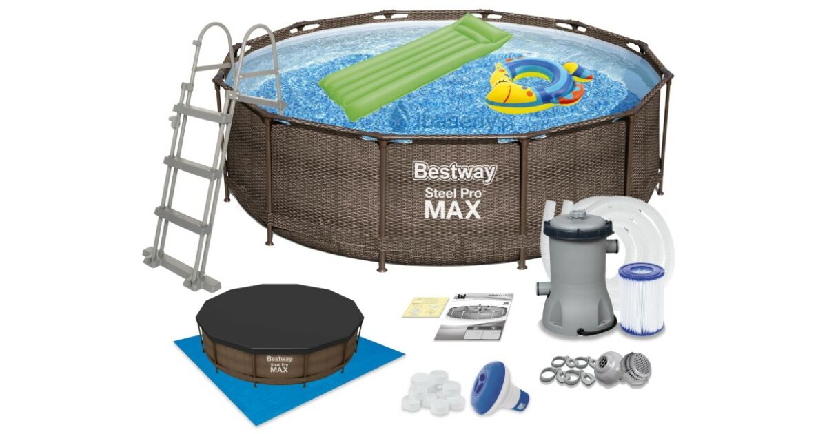 Bestway 56709 Frame Pool 366x100 Rattan 14-in-1 Set with Cover, Ladder ...