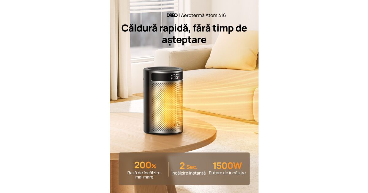 Kerámia fűtőtest Dreo Atom 416, 1500W, Termostattal, 12 órás időzítővel ...
