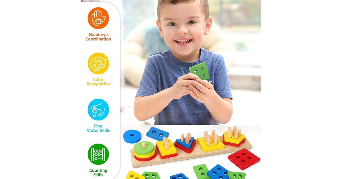 Flippy oktató játék, Montessori típusú, fából, geometriai formákkal, 20 ...