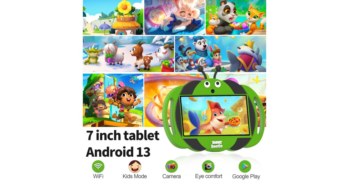 7 Smart Beetle Gyerek Tablet tokkal, Android 13, 2GB+32GB, IPS kijelző ...