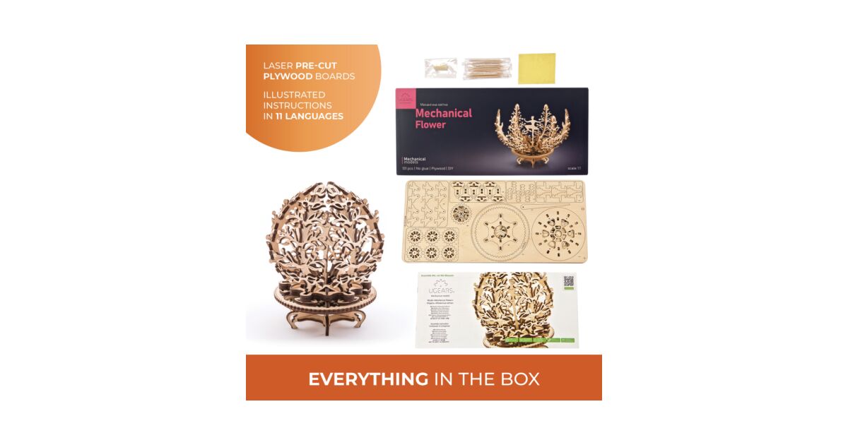 3D-Puzzle, mechanische Blume, Ugears, Holz, 101 Teile | Pepita.com