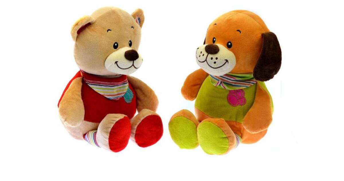Plüss állat, sálas, hímzett, lógó lábú, 2 féle: maci, kutya, 40 cm ...