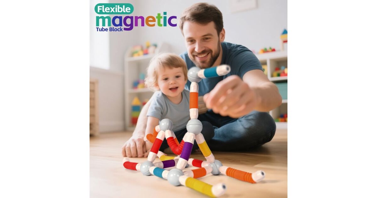 Set de constructii 3D magnetic, cu bile si tuburi flexibile, joc ...