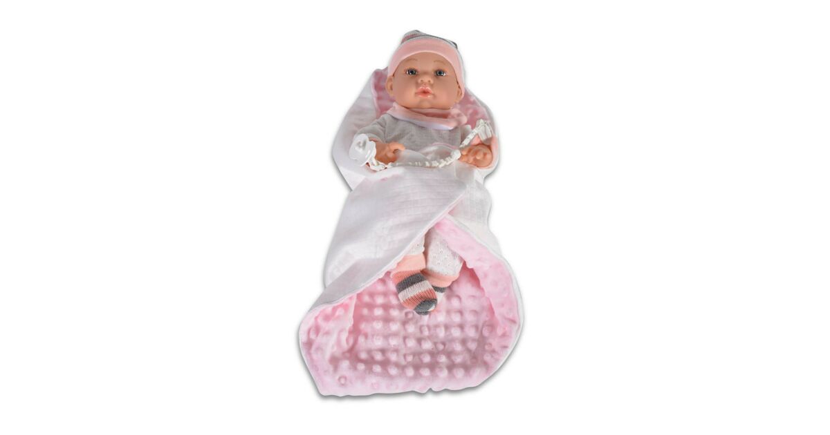 BEBELUȘ 41 cm nou-născut, cu suzetă, păturică, în body gri cu dungi ROZ ...