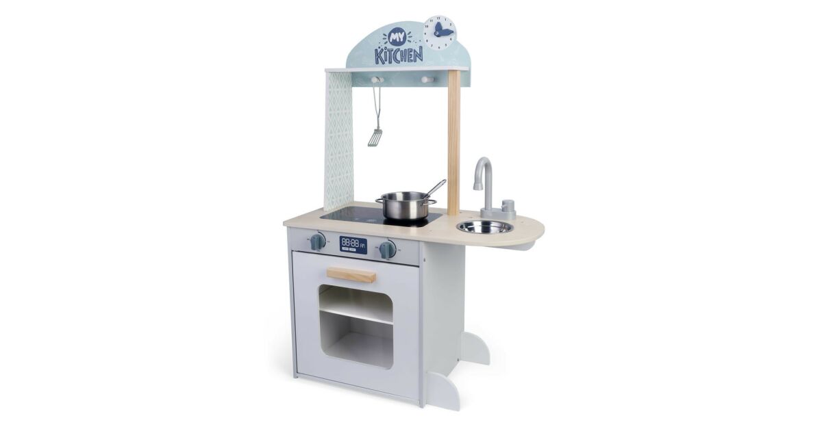 Bucătărie din lemn MONI albastră cu set de scule cu 4 piese | Pepita.com