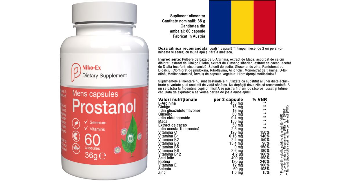 Prostanol - 60 Capsule cu L-Arginină, Maca, Ginkgo și Zinc - Formulă ...