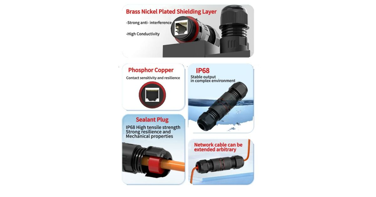 Außenwasserdichter RJ45-Stecker IP68, Cat6A, Ethernet-Kabelverlängerung ...