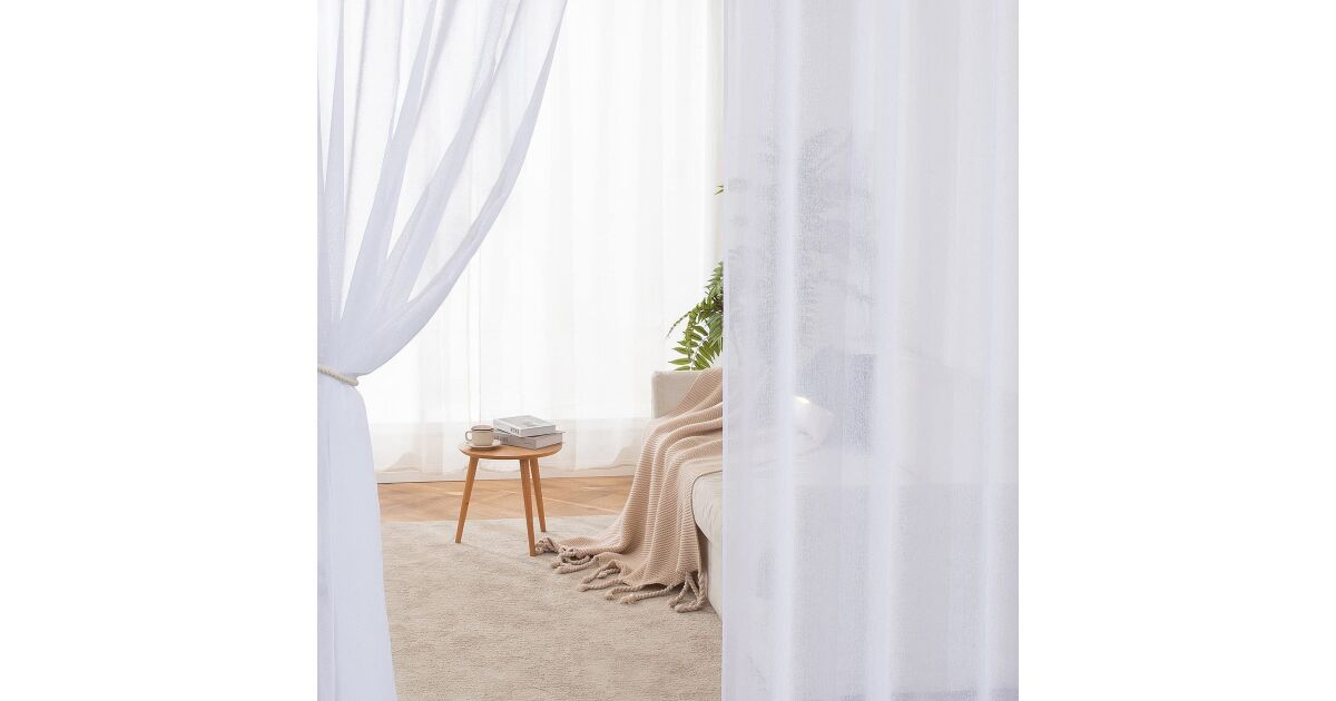 Draperii tip perdele cu inele (ochiuri) din voal elegante, albe, 4 buc ...