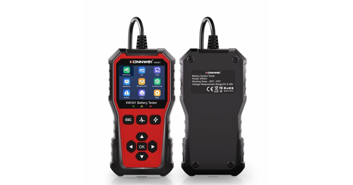 Tester baterie auto KONNWEI KW341 6V 12V 24V, CCA 10–2000, SOH SOC ...