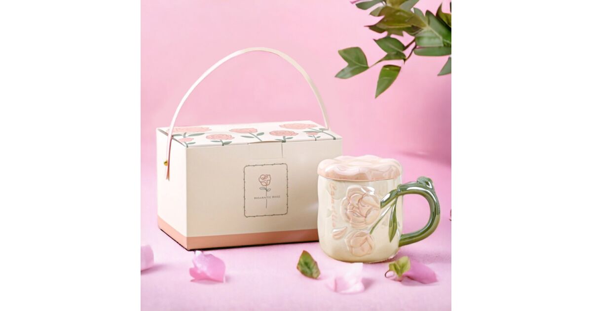 Cadou personalizat model Cana ceramica roz cu motiv floral, + Cutie ...