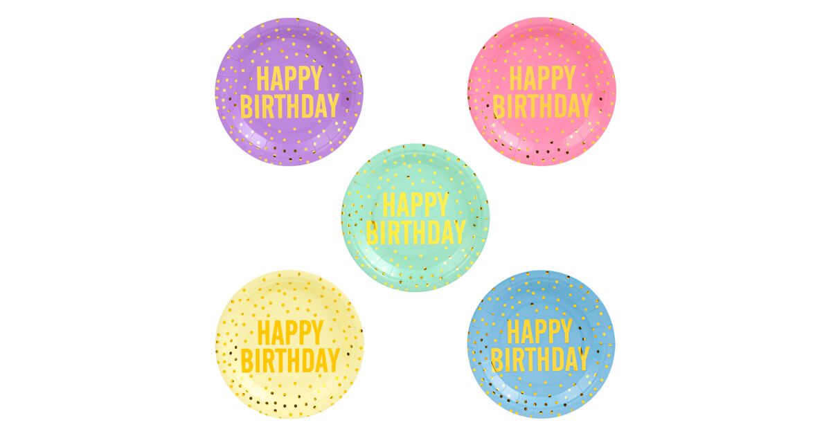 Farfurii de Petrecere de Carton Pastelate cu Folie Aurie Happy Birthday ...