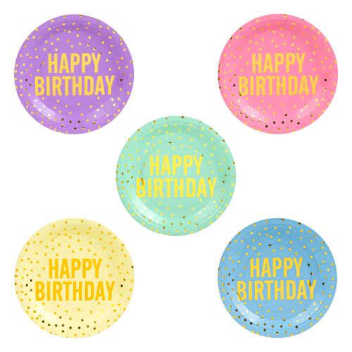 Farfurii de Petrecere de Carton Pastelate cu Folie Aurie Happy Birthday ...