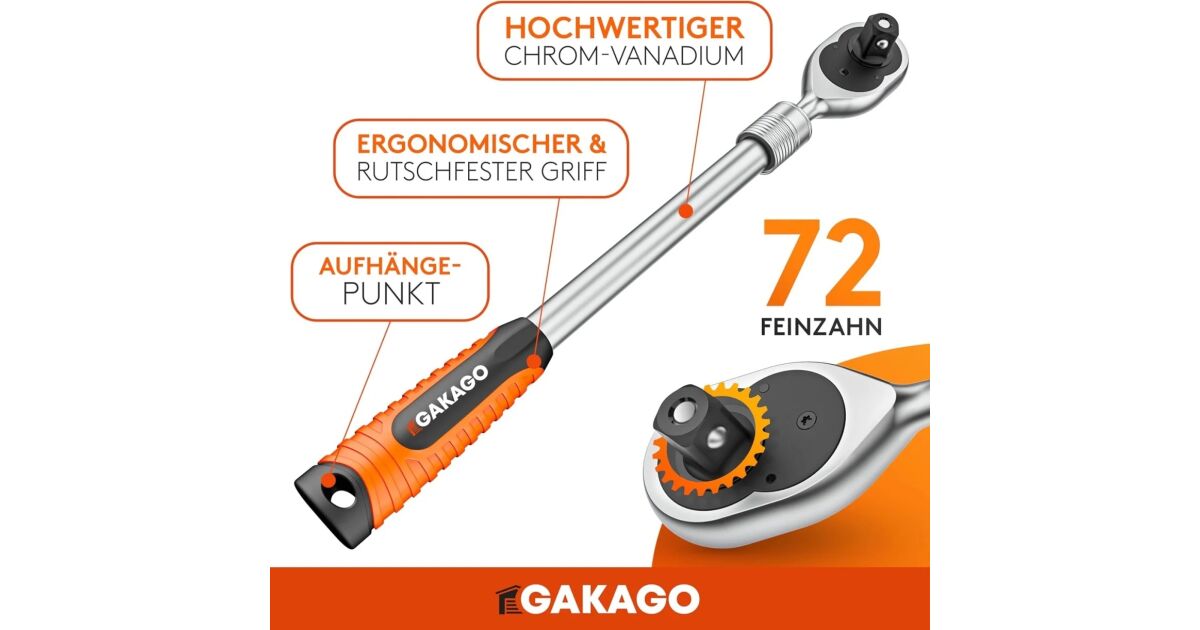 Verlängerbarer Ratschenschlüssel Gakago, 1/2, Chrom-Vanadium-Stahl, 72 ...