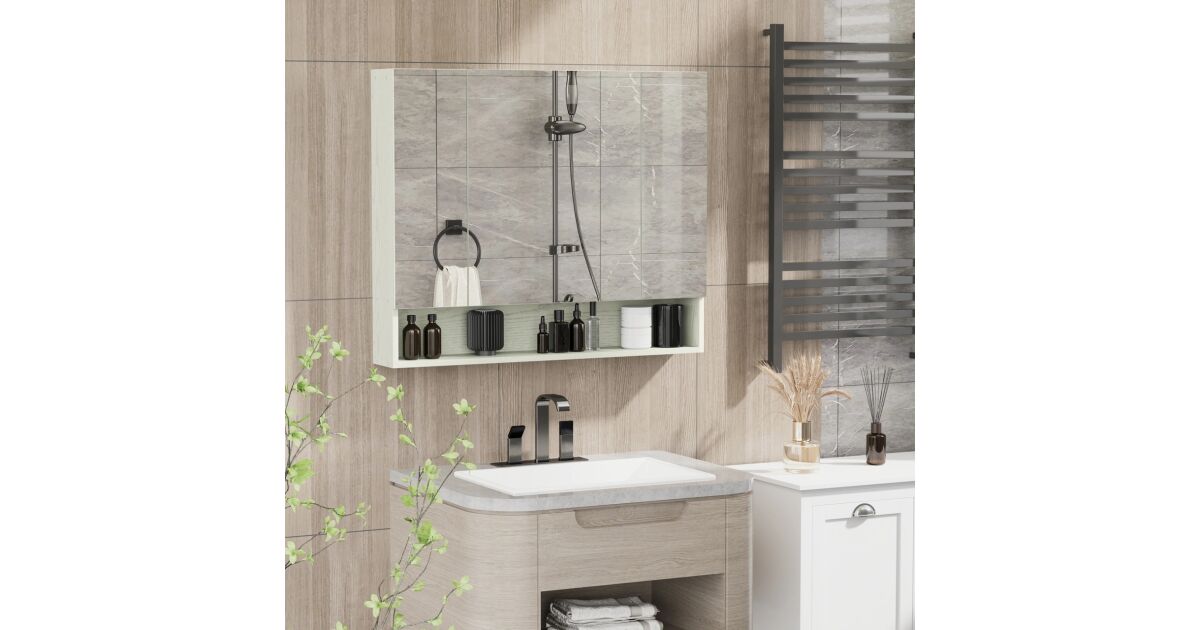 Dulap de baie cu oglindă Re-Bloom, MDF/sticlă, alb, 90 x 15 x 75 cm ...