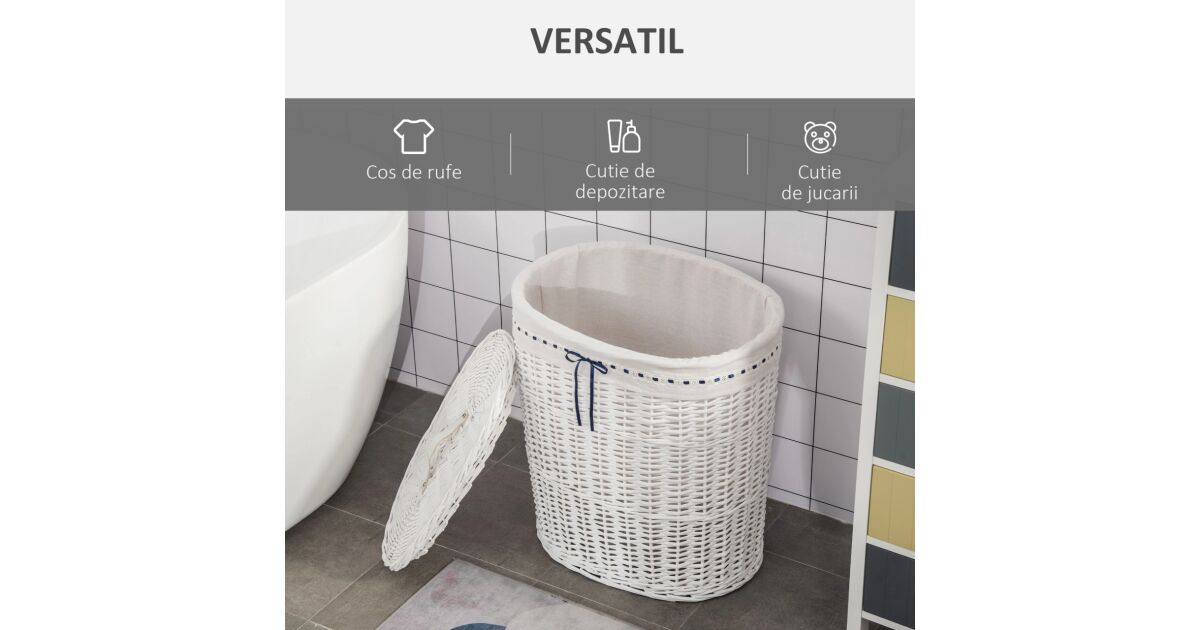 Kôš na bielizeň s odnímateľným vakom Re-Bloom, ratan, biely, 51 x 38 x ...