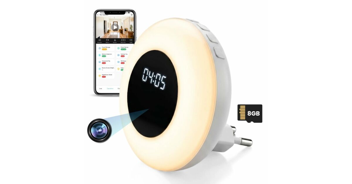 Rejtett kamera digitális órás éjjeli lámpában iUni IP71, Wi-Fi, 8GB ...