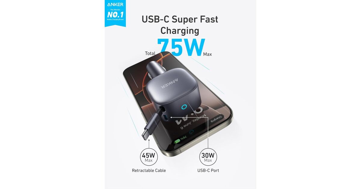 Ładowarka samochodowa Anker Nano 75W, USB-C 45W + port USB-C 30W, kolor ...