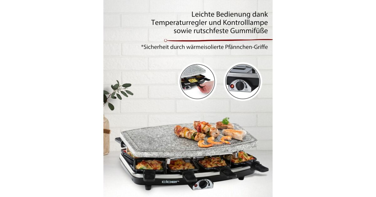 Raclette Grill Cloer 6430 1200W Placa Naturala 8 Tavite Antiaderente ...