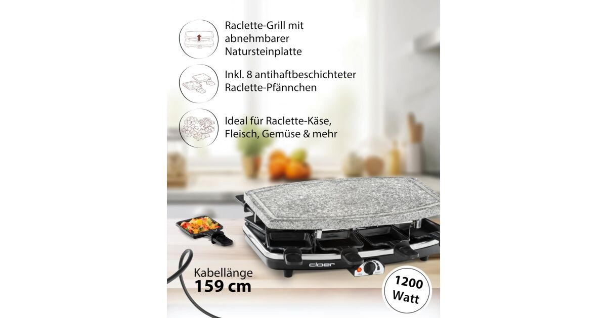 Raclette Grill Cloer 6430 1200W Placa Naturala 8 Tavite Antiaderente ...