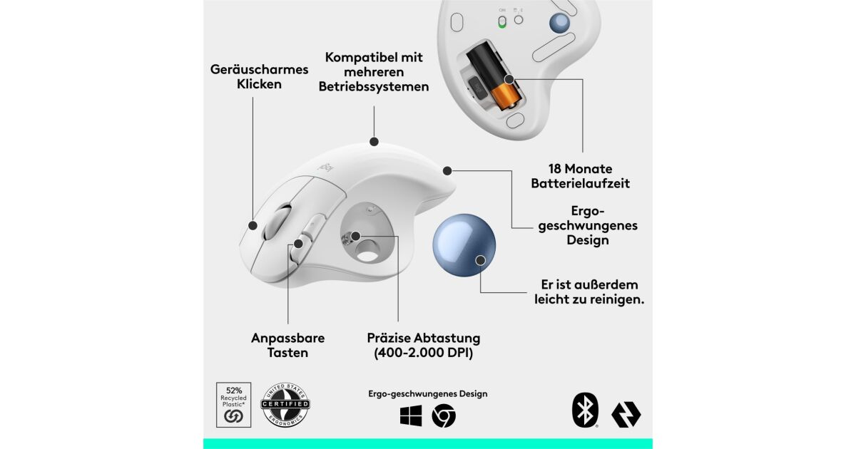 Mouse Trackball Ergonomic Logitech Ergo M575S, Bluetooth, Alb | Pepita.com