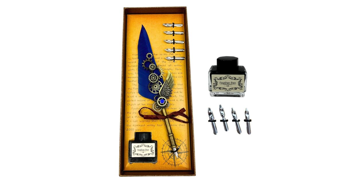 Set retro de caligrafie cu pana vintage albastră – 6 vârfuri, cerneală ...