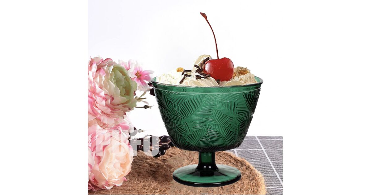Bol elegant din sticla cu picior Pufo Leaf pentru servire inghetata sau ...