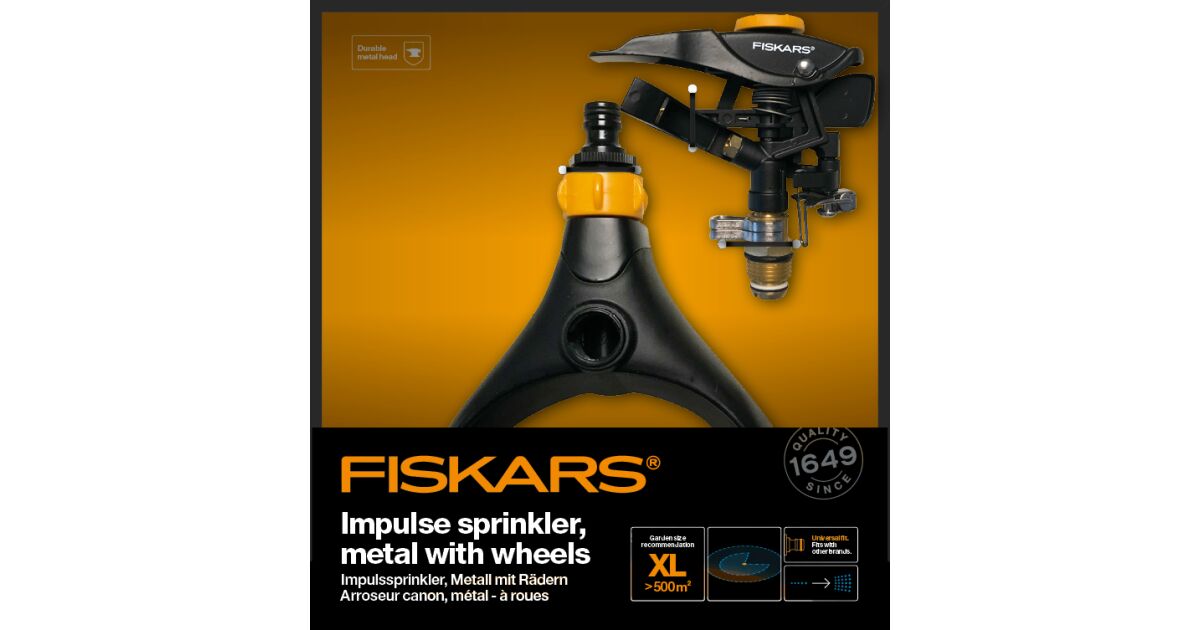 FISKARS Pulzáló kerti öntözőfej, forgó, kerekeken, fém, 500 m2 | Pepita.hu