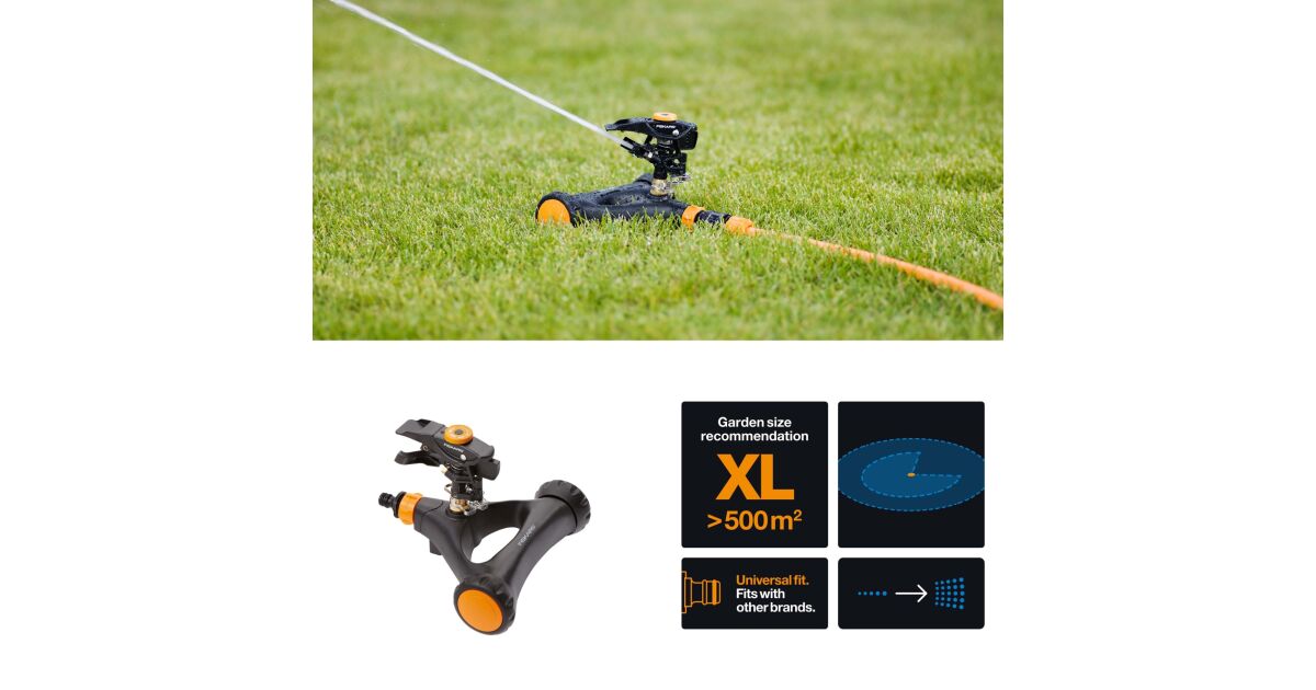 FISKARS Pulzáló kerti öntözőfej, forgó, kerekeken, fém, 500 m2 | Pepita.hu