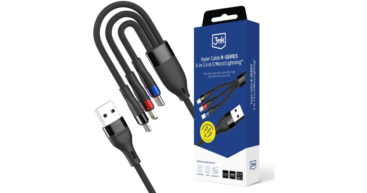 3mk kábel Hyper Cable N-SERIES A to C/Lightning/Micro 1.2m 9V/2A 18W ...