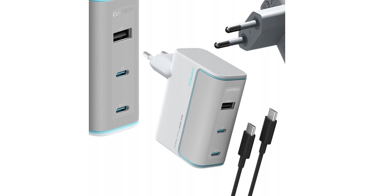 Cuktech AD1003EU 100W GaN hálózsi töltő 2x USB-C + USB-A kábellel ...